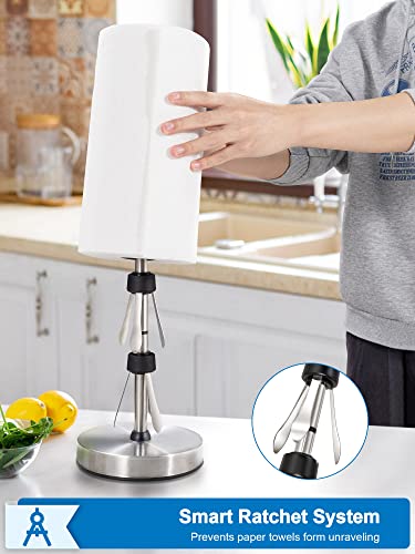 SMARTAKE Standing Paper Towel Holder, Damping Ratchet Design Paper Towel Organizer, Rustproof Toilet Paper Holder with Suction Cups, Roll Dispenser for Kitchen Countertop Home Dining Table, Silver