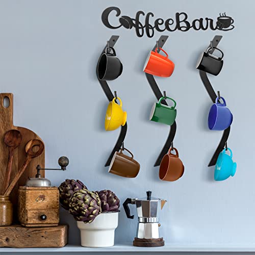 Coffee Mug Wall Rack Mounted with Coffee Bar Sign Curve Coffee Mug Holder Hanging Metal Mug Racks for Wall Black Coffee Cup Holder Coffee Cup Rack Hanger with 9 Hooks Kitchen Coffee Bar Decor