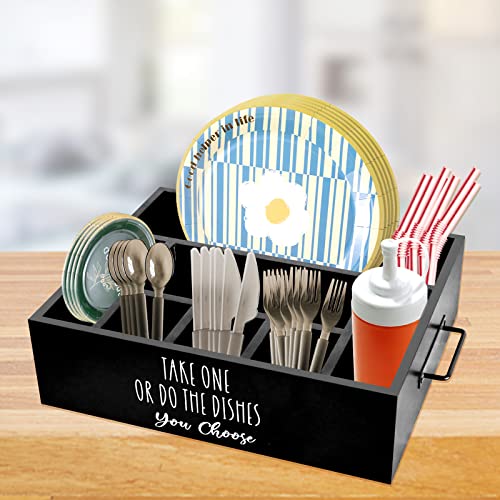 Paper Plate Holder, Plastic Silverware Caddy, Plastic Utensil Dispenser for Party Buffet Camping BBQ, Disposable Spoon Fork Knives Dish Cup Napkin Storage Organizer for Kitchen Counter (Black)