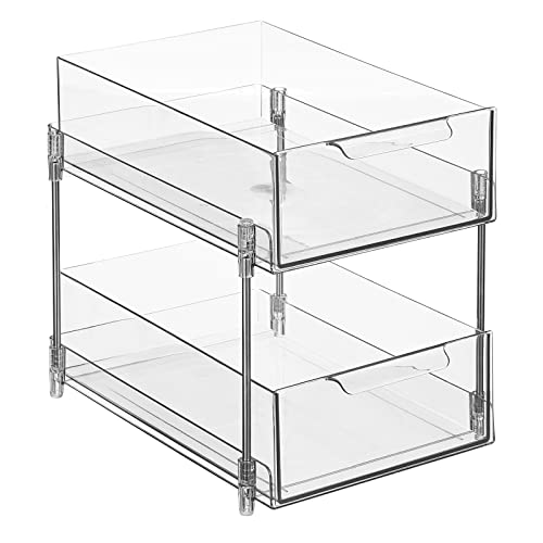 Nate Home by Nate Berkus 2-Tier Sliding Plastic Pull-Out Drawer Organizer, Removable Drawers - Kitchen Cabinet Organizer and Pantry Storage from mDesign, Clear/Polished Stainless Steel