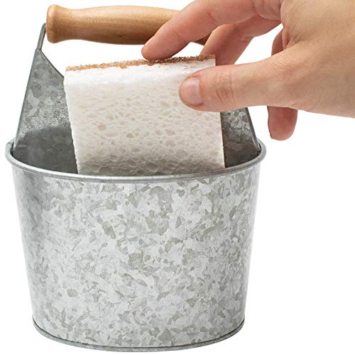 Saratoga Home Farmhouse Sponge Holder for Kitchen Sink No-Scratch, Rust-Resistant Coated Galvanized Steel with Rustic Wooden Accent, Caddy Fits 2+ Sponges, Pads and Scrub Brushes