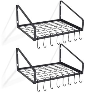 giikin hanging pot rack set of 2, kitchen wall mounted pot and pan hanger rack organizer, wall storage shelves for household utensils and cookware holder with 16 s hooks(black)