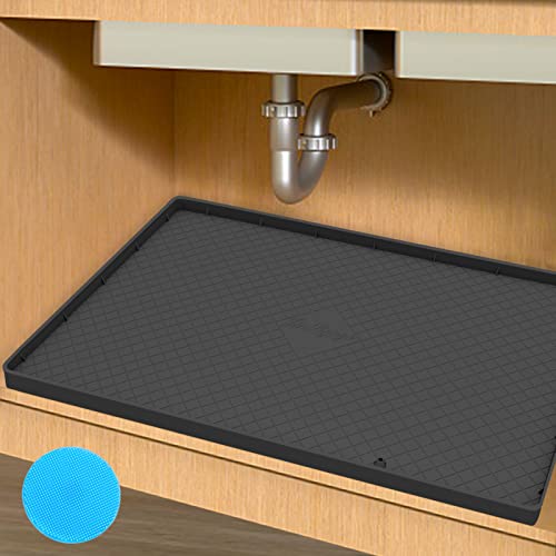 Mats Under Sink Kitchen Cabinet Mat, 34" x 22" flexible waterproof Silicone Cabinet Protector & Drip Tray Liner Unique Drain Hole Design. Hold up to 3.3 Gallons of Liquid(Black)