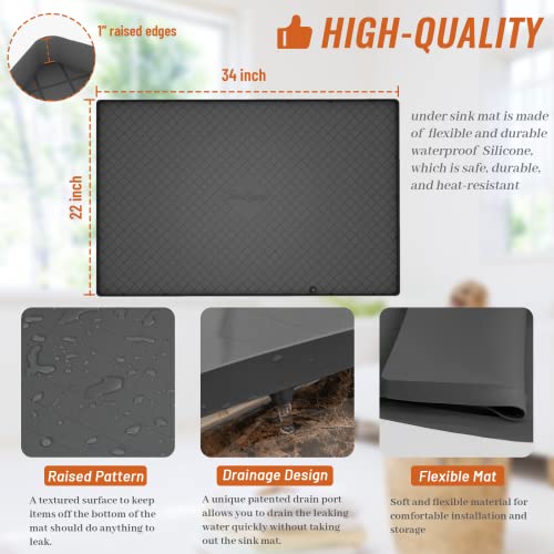 Mats Under Sink Kitchen Cabinet Mat, 34" x 22" flexible waterproof Silicone Cabinet Protector & Drip Tray Liner Unique Drain Hole Design. Hold up to 3.3 Gallons of Liquid(Black)