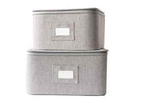 in this space grey twill hard shell(tm) two square china plates storage container with secure lid for dinner round or square plates (11.5” and 9.5”)