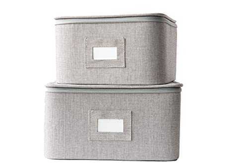 In This Space Grey Twill Hard Shell(tm) Two Square China Plates Storage Container With Secure Lid for dinner round or square plates (11.5” and 9.5”)