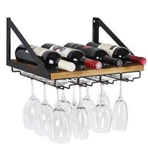 jackcube design rustic wood wall mount wine rack with 4 metal wire glass holder home kitchen décor storage rack- mk478a