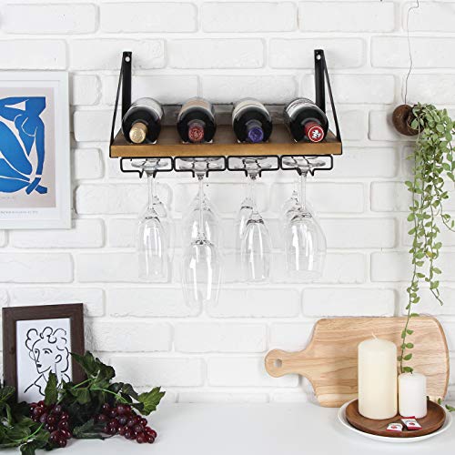 JACKCUBE Design Rustic Wood Wall Mount Wine Rack with 4 Metal Wire Glass Holder Home Kitchen Décor Storage Rack- MK478A