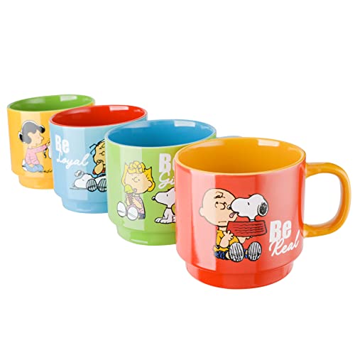 Peanuts Gentle Reminders 15oz Stackable Mugs w/ Metal Rack, Stoneware, 4-Pack, Assorted Colors