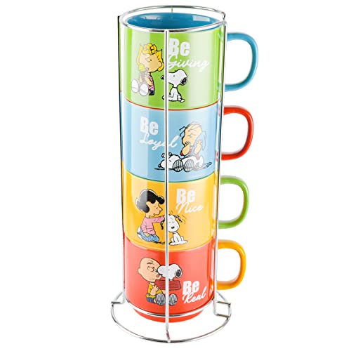 Peanuts Gentle Reminders 15oz Stackable Mugs w/ Metal Rack, Stoneware, 4-Pack, Assorted Colors