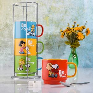 Peanuts Gentle Reminders 15oz Stackable Mugs w/ Metal Rack, Stoneware, 4-Pack, Assorted Colors