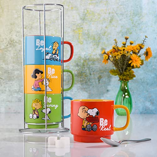 Peanuts Gentle Reminders 15oz Stackable Mugs w/ Metal Rack, Stoneware, 4-Pack, Assorted Colors