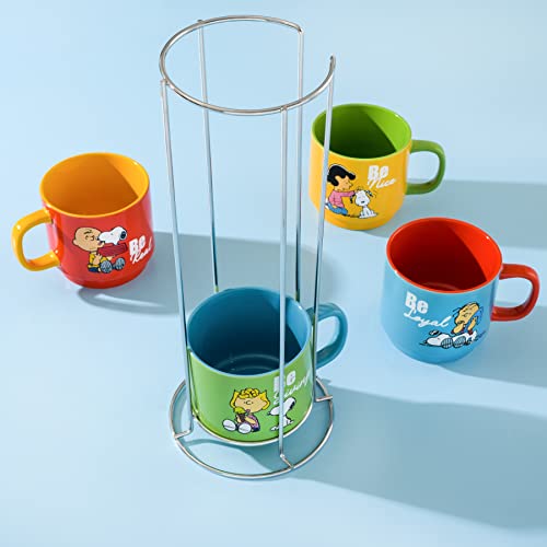 Peanuts Gentle Reminders 15oz Stackable Mugs w/ Metal Rack, Stoneware, 4-Pack, Assorted Colors