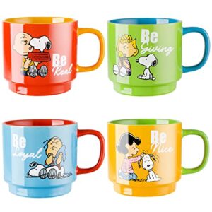 Peanuts Gentle Reminders 15oz Stackable Mugs w/ Metal Rack, Stoneware, 4-Pack, Assorted Colors