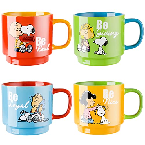 Peanuts Gentle Reminders 15oz Stackable Mugs w/ Metal Rack, Stoneware, 4-Pack, Assorted Colors