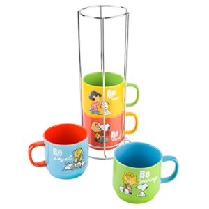 Peanuts Gentle Reminders 15oz Stackable Mugs w/ Metal Rack, Stoneware, 4-Pack, Assorted Colors