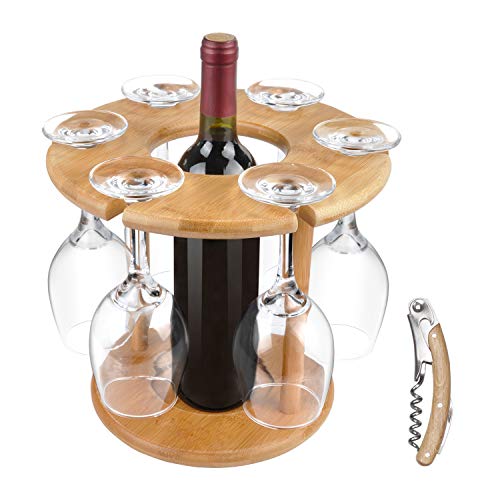 VINA Tirrinia Wine Rack, Wine Glass Holder and Bottle Drying Rack, Bamboo Wine Storage with Holds 6 Glasses and 1 Bottle, Wine Glass Rack-Free Corkscrew, Best Gift for Wine Lover & Friends