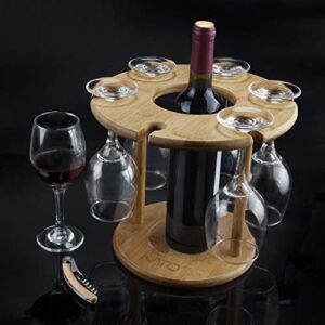 VINA Tirrinia Wine Rack, Wine Glass Holder and Bottle Drying Rack, Bamboo Wine Storage with Holds 6 Glasses and 1 Bottle, Wine Glass Rack-Free Corkscrew, Best Gift for Wine Lover & Friends