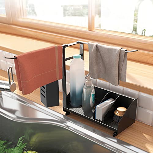 Sink Caddy,Kitchen Sink Organizer with Drain Pan Tray and Rotating Towel Holder,Countertop Sponge Holder for Scrubber Brush Dish Rag Dishcloth Washcloth Soap,Stainless Steel Rust Proof-Black