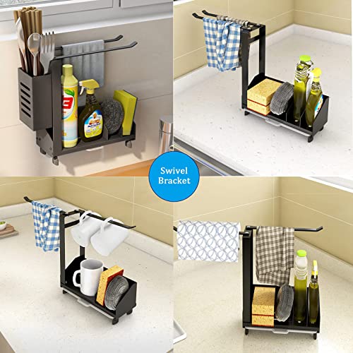 Sink Caddy,Kitchen Sink Organizer with Drain Pan Tray and Rotating Towel Holder,Countertop Sponge Holder for Scrubber Brush Dish Rag Dishcloth Washcloth Soap,Stainless Steel Rust Proof-Black