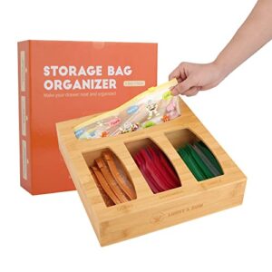 linny&sun ziplock bag storage organizer for kitchen drawer,bamboo drawer organizer for gallon, quart, sandwich, snack, slider bags, compatible with ziploc, glad, hefty（drawer organizer ）