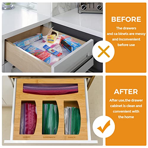 LINNY&SUN Ziplock Bag Storage Organizer for Kitchen Drawer,Bamboo Drawer Organizer for Gallon, Quart, Sandwich, Snack, Slider Bags, Compatible with Ziploc, Glad, Hefty（Drawer Organizer ）