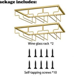 MATILODI Wine Glass Rack - Under Cabinet Stemware Wine Glass Holder - Wine Glasses Storage Hanger Metal Organizer for Cabinet Kitchen Bar (Gold, 3 Rows 2 Pack)