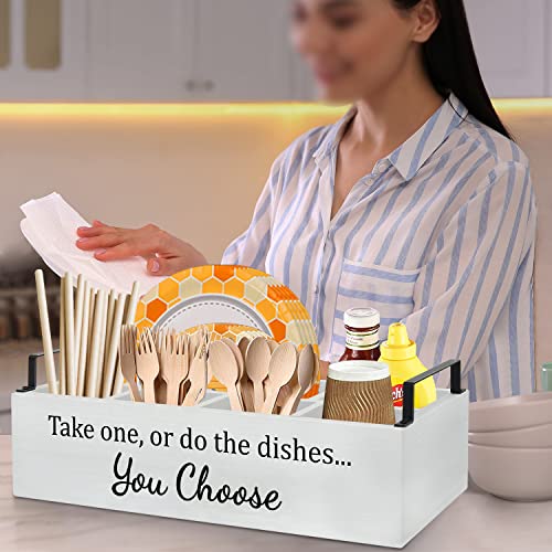 Kitchen Countertop Paper Plate Caddy Holder, Wood Utensil Caddy Holder Organizer for Plates and Cutlery, Silverware Caddy Picnic Caddy Condiment Caddy for Parties BBQ and Outdoor Kitchen Accessories