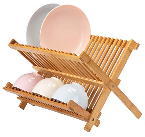 Lawei Collapsible Bamboo Dish Drying Rack - Plate Holder Dish Rack Cup Drying Strainer for Dish, Plate, Bowls, Cup