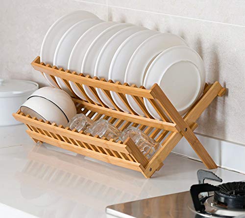 Lawei Collapsible Bamboo Dish Drying Rack - Plate Holder Dish Rack Cup Drying Strainer for Dish, Plate, Bowls, Cup