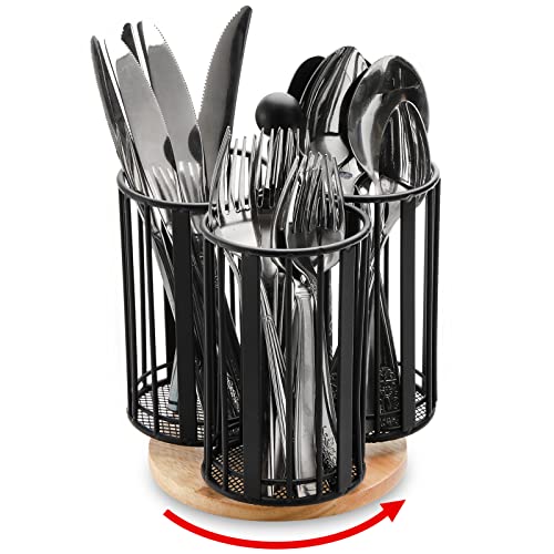 Peohud Rotating Kitchen Utensil Holder, Silverware Flatware Organizer with Wood Base, Countertop Utensil Caddy for Spoons, Knives and Forks, 3-Section