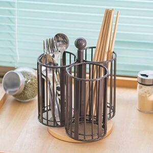 Peohud Rotating Kitchen Utensil Holder, Silverware Flatware Organizer with Wood Base, Countertop Utensil Caddy for Spoons, Knives and Forks, 3-Section