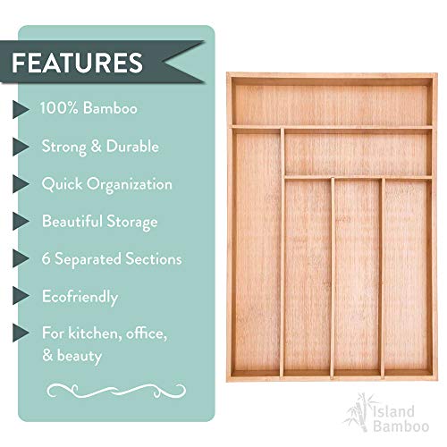 Island Bamboo Drawer Organizer - Wooden Insert Utensil Tray for Kitchen Cutlery, Silverware & Flatware - Great Divider & Organizers for Large Office Drawers, Jewelry Holder & Utensils Separator