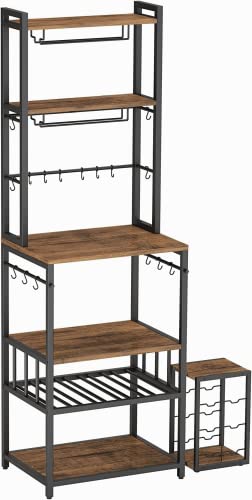 Amosic Wine Baker Rack, Industrial Wine Bar Cabinet, 6-Tier Wine Storage Display Shelves, Floor Liquor Wine Cabinet Storage with Rustic Wood Countertop Wine Rack 6 Bottles, for Bar (Rustic Brown)