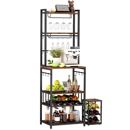 Amosic Wine Baker Rack, Industrial Wine Bar Cabinet, 6-Tier Wine Storage Display Shelves, Floor Liquor Wine Cabinet Storage with Rustic Wood Countertop Wine Rack 6 Bottles, for Bar (Rustic Brown)