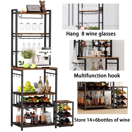 Amosic Wine Baker Rack, Industrial Wine Bar Cabinet, 6-Tier Wine Storage Display Shelves, Floor Liquor Wine Cabinet Storage with Rustic Wood Countertop Wine Rack 6 Bottles, for Bar (Rustic Brown)