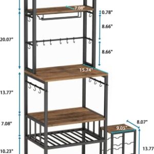 Amosic Wine Baker Rack, Industrial Wine Bar Cabinet, 6-Tier Wine Storage Display Shelves, Floor Liquor Wine Cabinet Storage with Rustic Wood Countertop Wine Rack 6 Bottles, for Bar (Rustic Brown)