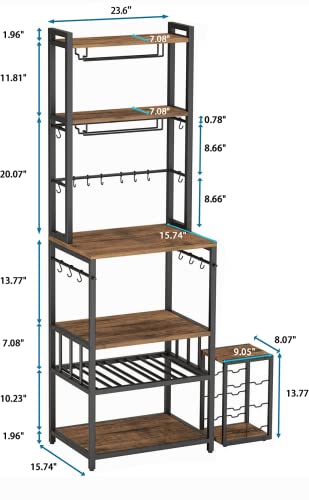 Amosic Wine Baker Rack, Industrial Wine Bar Cabinet, 6-Tier Wine Storage Display Shelves, Floor Liquor Wine Cabinet Storage with Rustic Wood Countertop Wine Rack 6 Bottles, for Bar (Rustic Brown)