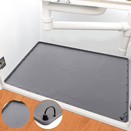 iArtker Under Sink Mat for Kitchen Waterproof,34" x 22" Sink Cabinet Organizer Tray,Slight Slope Water Gathering,Silicone Under Sink Liner for Kitchen Bathroom,Liner Drip Tray with Drain Hole (Grey)