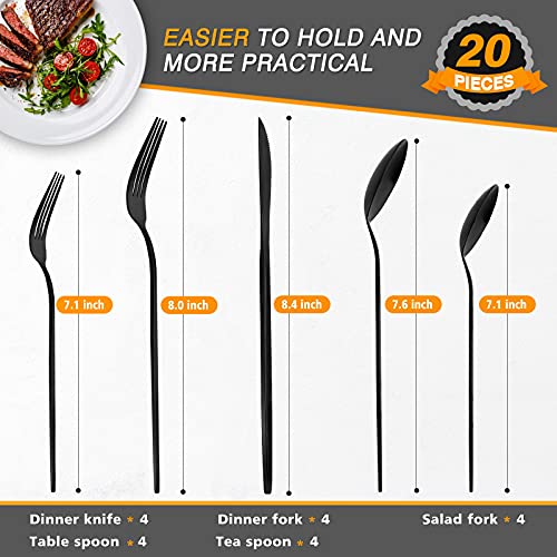 Oliviola 20 Pieces Silverware Set，Matte Black Stainless Steel Flatware Cutlery Set Service for 4, Stain Finish Kitchen Utensil Set，Include Dinner Knives Forks and Spoons Silverware, Dishwasher Safe