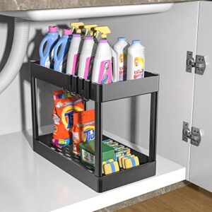 under sink organizer kitchen bathroom storage cabinet 2 tier counter organization shelf storage rack with basket and hooks black