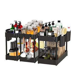 under sink organizer and storage, 3 pack 2 tier cabinet basket shelf organizer drawer, multi-purpose under kitchen bathroom organization storage rack with hooks, hanging cup, dividers, black