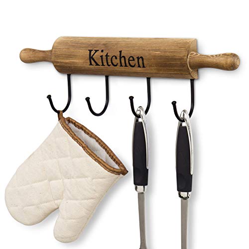 MyGift Rustic Burnt Brown Wood Kitchen Hooks for Hanging Cooking Utensils, Coffee Mugs and Hand Towels, Decorative Rolling Pin Design Kitchen Wall Decor with 4 Hooks