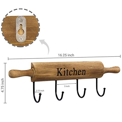 MyGift Rustic Burnt Brown Wood Kitchen Hooks for Hanging Cooking Utensils, Coffee Mugs and Hand Towels, Decorative Rolling Pin Design Kitchen Wall Decor with 4 Hooks