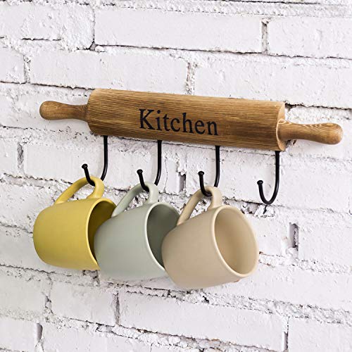 MyGift Rustic Burnt Brown Wood Kitchen Hooks for Hanging Cooking Utensils, Coffee Mugs and Hand Towels, Decorative Rolling Pin Design Kitchen Wall Decor with 4 Hooks