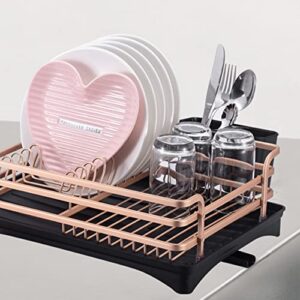 ZEAYEA Aluminum Dish Drying Rack, Rustproof Dish Rack and Drainboard with Adjustable Swivel Spout, Rose Gold Dish Rack with Removable Drainer Tray and Utensil Holder for Kitchen Counter