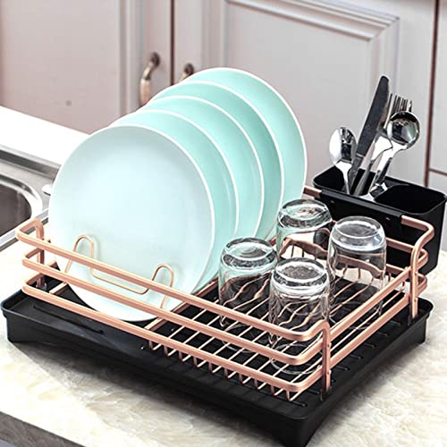 ZEAYEA Aluminum Dish Drying Rack, Rustproof Dish Rack and Drainboard with Adjustable Swivel Spout, Rose Gold Dish Rack with Removable Drainer Tray and Utensil Holder for Kitchen Counter