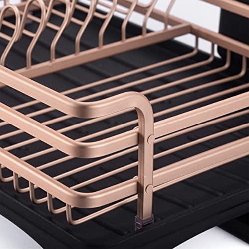 ZEAYEA Aluminum Dish Drying Rack, Rustproof Dish Rack and Drainboard with Adjustable Swivel Spout, Rose Gold Dish Rack with Removable Drainer Tray and Utensil Holder for Kitchen Counter