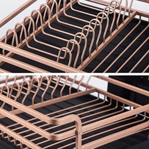 ZEAYEA Aluminum Dish Drying Rack, Rustproof Dish Rack and Drainboard with Adjustable Swivel Spout, Rose Gold Dish Rack with Removable Drainer Tray and Utensil Holder for Kitchen Counter