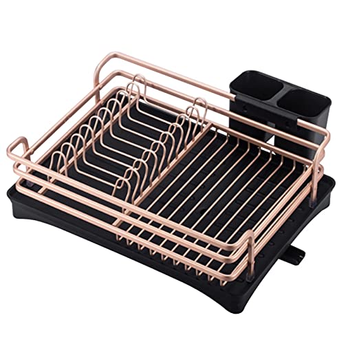 ZEAYEA Aluminum Dish Drying Rack, Rustproof Dish Rack and Drainboard with Adjustable Swivel Spout, Rose Gold Dish Rack with Removable Drainer Tray and Utensil Holder for Kitchen Counter